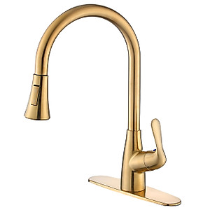 Derengge Pull-Down Sprayer Kitchen Faucet, Brushed Gold Single Handle Kitchen Sink Faucet,1 Hole or 3 Hole Installation,KF-0258-BG