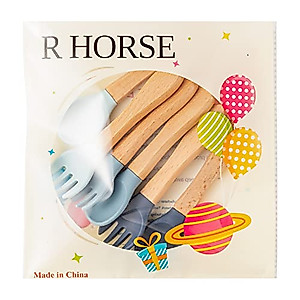 R HORSE 6Pcs Silicone Baby Forks and Spoon Set with Beech Handle Blue Silicone Baby Feeding Set BPA-Free Baby Training Utensils Set Soft Tip Infant Spoons for Toddlers Boy Girl