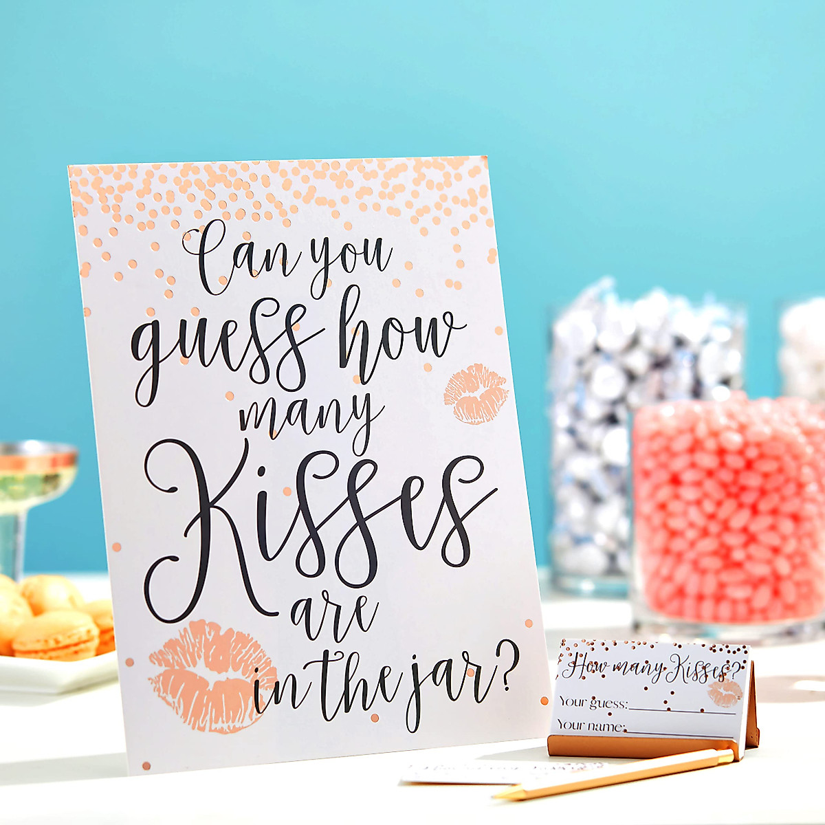 Sparkle and Bash Guess How Many Kisses Bridal Shower Game for 60 Guests for Wedding (1 Rule Board, 60 Guessing Cards)