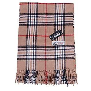 TZ Promise Plaid Cashmere Feel Classic Soft Luxurious Winter Scarf For Men Women (Tan)