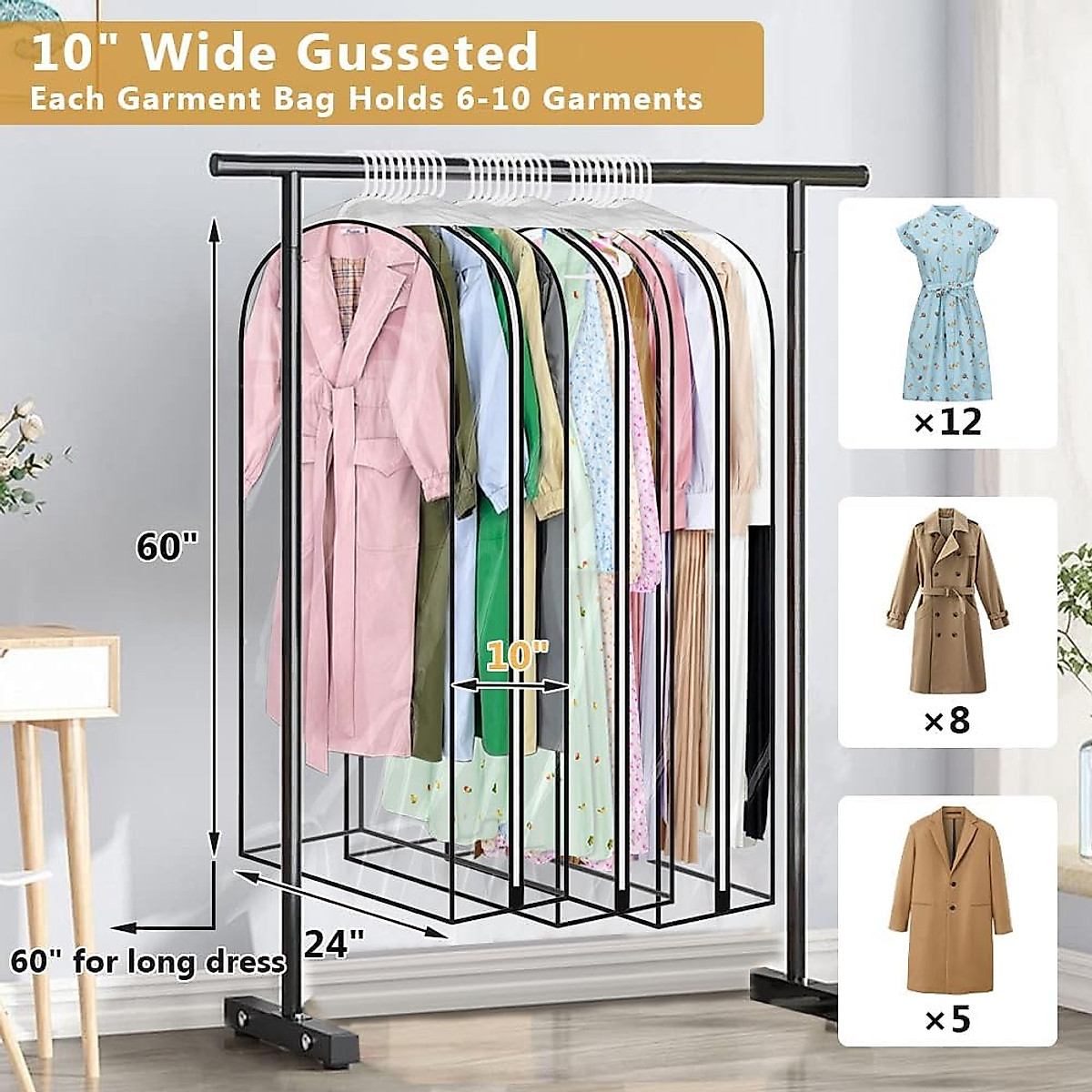 60 Inch Long Garment Bags for Hanging Clothes, 10 Gusseted Clear Garment Bags for Storage, Dress Bags for Gowns long with Side Zipper, Clothes Storage Bag for Coats, Gowns, Suits, Sweaters（3 Packs）