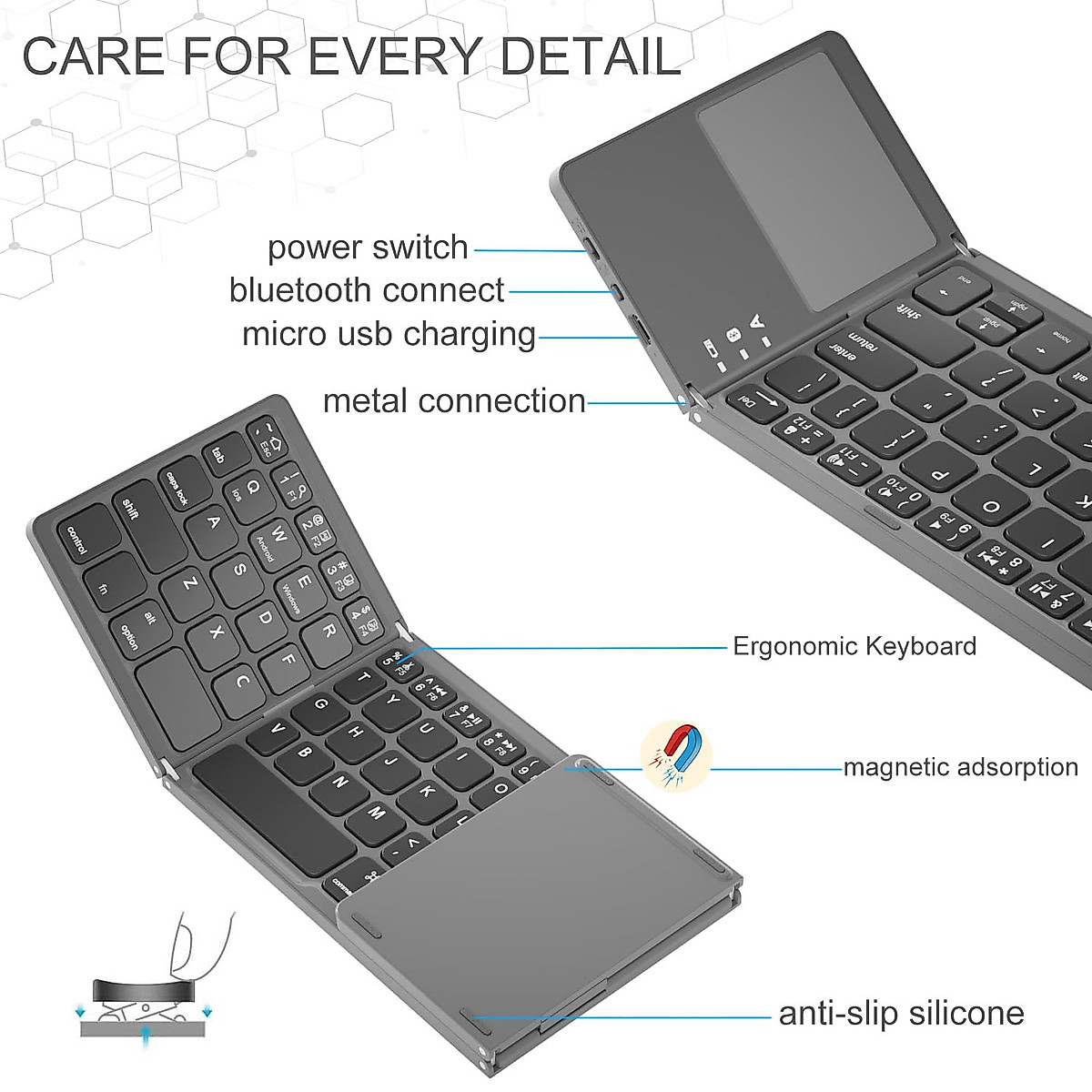 Gimibox Foldable Bluetooth Keyboard, Pocket Size Portable Mini BT Wireless Keyboard with Touchpad for Android, Windows, PC, Tablet, with Rechargeable Li-ion Battery-Dark Gray