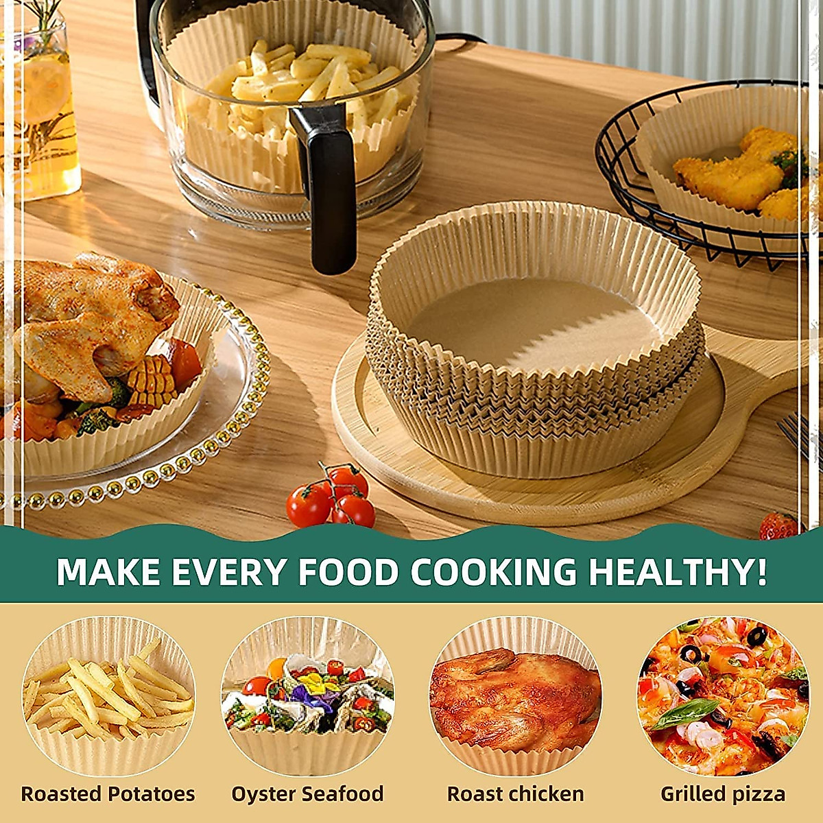 CREATIVE KITCHEN(CK) Air Fryer Liners| 6.3 inches 100PCS Disposable Paper Liners | Non-Stick Parchment Paper Liners | Oil-Proof, Water-Proof, | Airfryer Liners For Oven Baking| Roasting Microwave