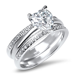 His Hers TRIO 3 PCS Sterling Silver Titanium Wedding Ring Set Heart CZ Simulated Diamond for Him Her