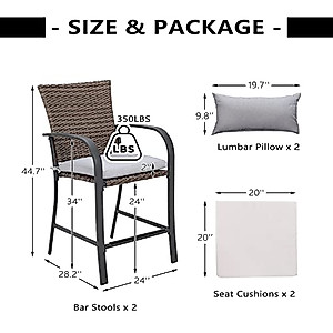 Olmia Outdoor Bar Stools Set 0f 2, 2 PC Wicker Bar Stools Rattan Patio Bar Stools with Gray Cushions and Pillows, Brown Outside Bar Rattan Counter Stools with Foot-Rest - Steel Frame