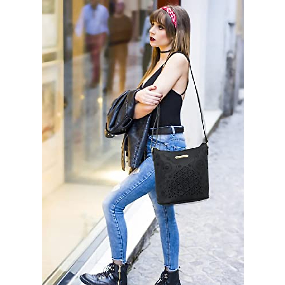 Hibala Womens Hollow Out Crossbody Handbag Hobo bag PU Bucket Bag Shoulder Bag (Black)