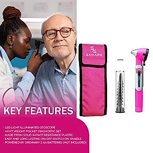 Mini Otoscope with Light Ear Infection Detector and Pocket Ear Scope | Suitable for Kids, Adults, Doctors - Available in Multiple Colors (Pink)