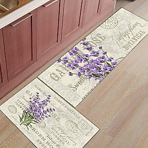 Purple Lavender Flowers Kitchen Mats for Floor Cushioned Anti Fatigue 2 Piece Set Kitchen Runner Rugs Non Skid Washable Vintage Postcard Rustic Wood
