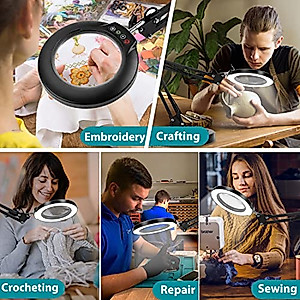 Drdefi 5X Magnifying Glass with Light and Stand, 5 Color Modes Stepless Dimmable Desk Lamp with Clamp, Adjustable Swing Arm 2-in-1 LED Lighted Magnifier with Light for Craft Hobby Reading Close Works