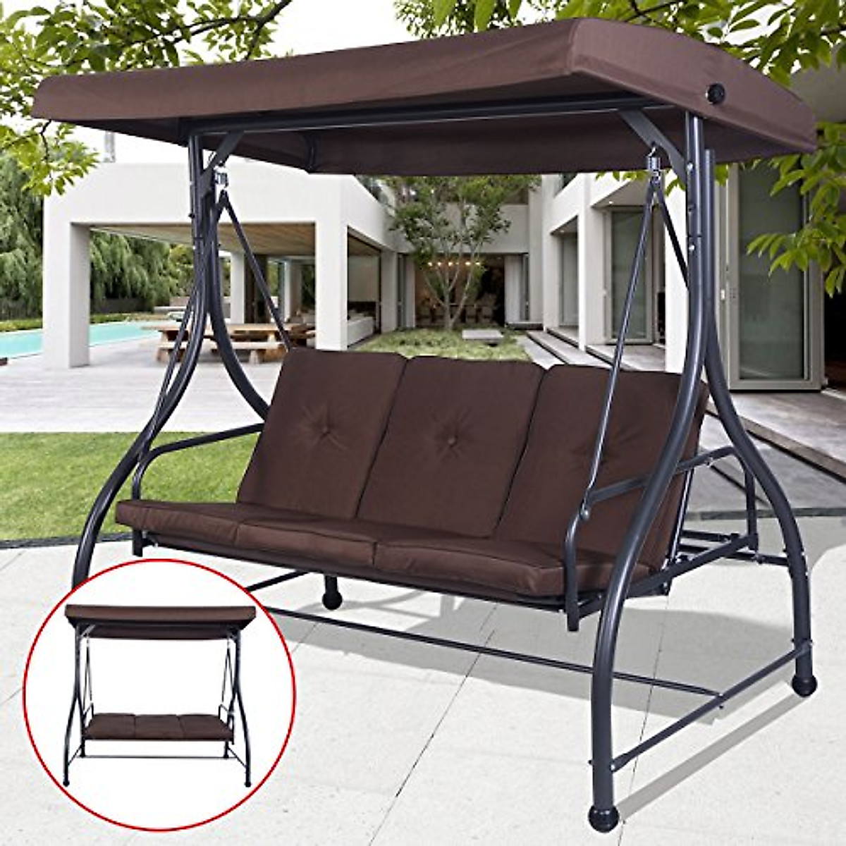 Tangkula Converting Outdoor Swing Patio Porch Garden Swing with Comfortable Cushion Seats, Adjustable Canopy & Coated Steel Frame Hammock 3 Seats Patio Deck Furniture (Brown)