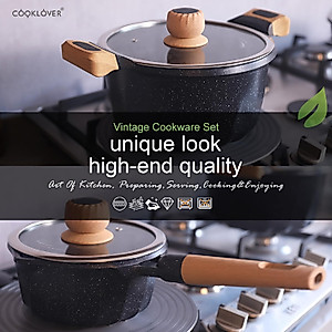 Nonstick Cookware Set Non Toxic 100% PFOA Free Compatible Induction Pots and Pans Sets with Glass Lid 13 Piece (Marble Black)