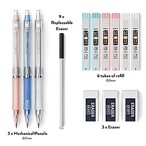 Nicpro 3 PCS Pastel Mechanical Pencil 0.7 mm for School, with 6 tubes HB Lead Refills, 3 Erasers, 9 Eraser Refills for Student Writing, Drawing, Sketching, Blue & Pink & White Colors - with Cute Case