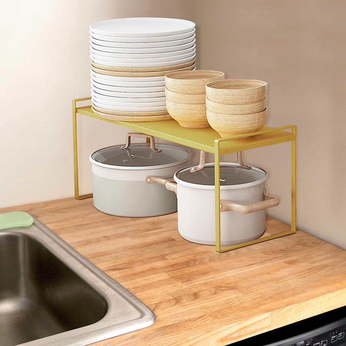 PASRLD Expandable Cabinet Shelf Organizers, Kitchen Cabinet Organizer Shelves Spice Rack Cupboard Organizers Storage, 14.1 to 23.6 Inch Metal Plate Shelves (Gold, 9Inches)