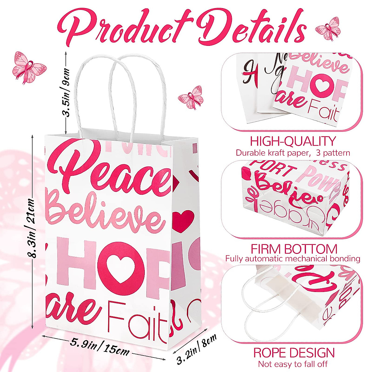 24 Pack Breast Cancer Awareness Bags Pink Ribbon Paper Bag Breast Cancer Gift Bag with Handle Faith Courage Hope Treat Bags for Breast Cancer Awareness Charity Theme Party Favor Supplies