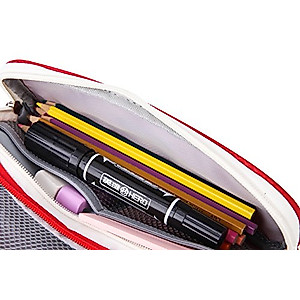 Large Capacity Double Zipper Pencil Case Bag Pen Pouch (Red, Red)