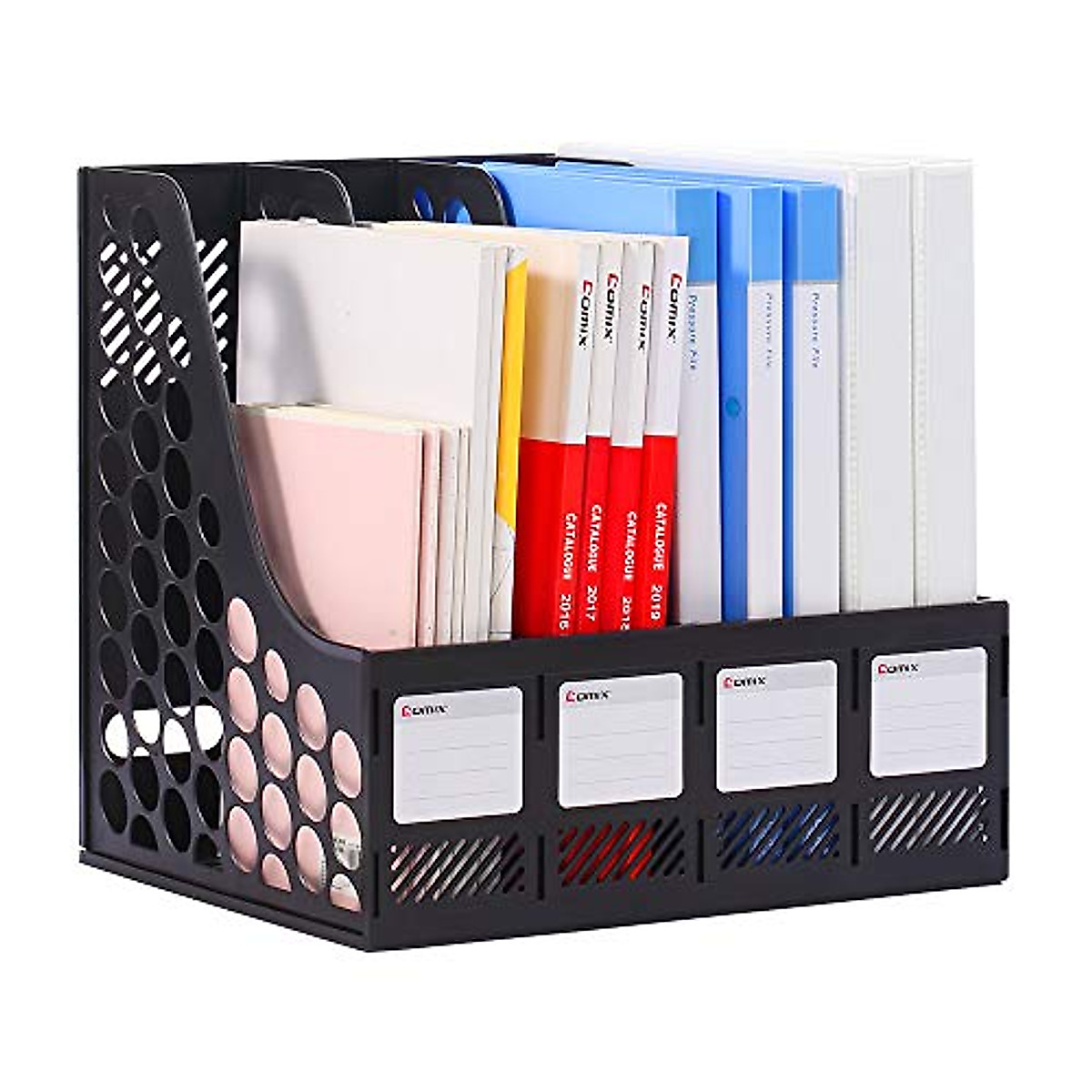 Comix Magazine File Holder, Sturdy Plastic Desk Organizers and Storage File Folder for Office Organization, Binder Organizer with 4 Compartments Storage Organiser Box, Black