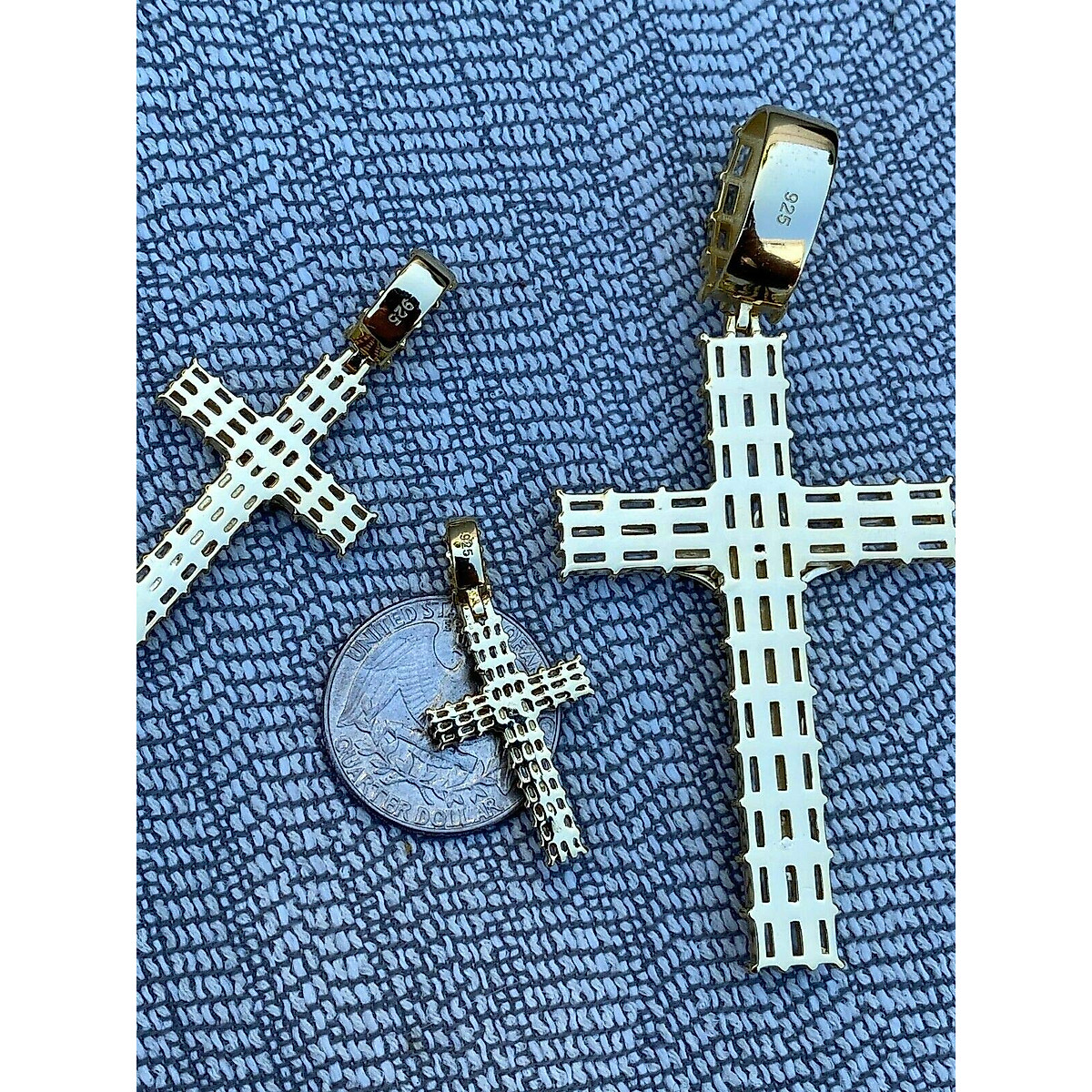HarlemBling Real 925 Sterling Silver - 14k Gold Finish - Iced Baguette Cross W. Jesus Pendant - 3 Sizes Great For Any Necklace 1-2.5" (Medium 1.5")