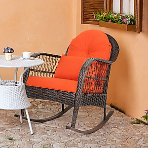 Tangkula Outdoor Wicker Rocking Chair, All- Weather Rattan Armchair w/Heavy-Duty Steel Frame, Patio Glider Rocker Chair w/Thick Cushions & Lumbar Pillow for Poolside, Garden, Porch, Backyard