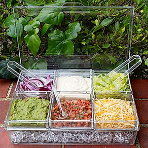 ImpiriLux Ice Chilled Six Compartment Condiment Server Caddy - Serving Tray Container with 6 Removable Dishes Each with 3.5 Cup Capacity | Domed Hinged Lid | 4 Serving Spoons + 4 Tongs Included
