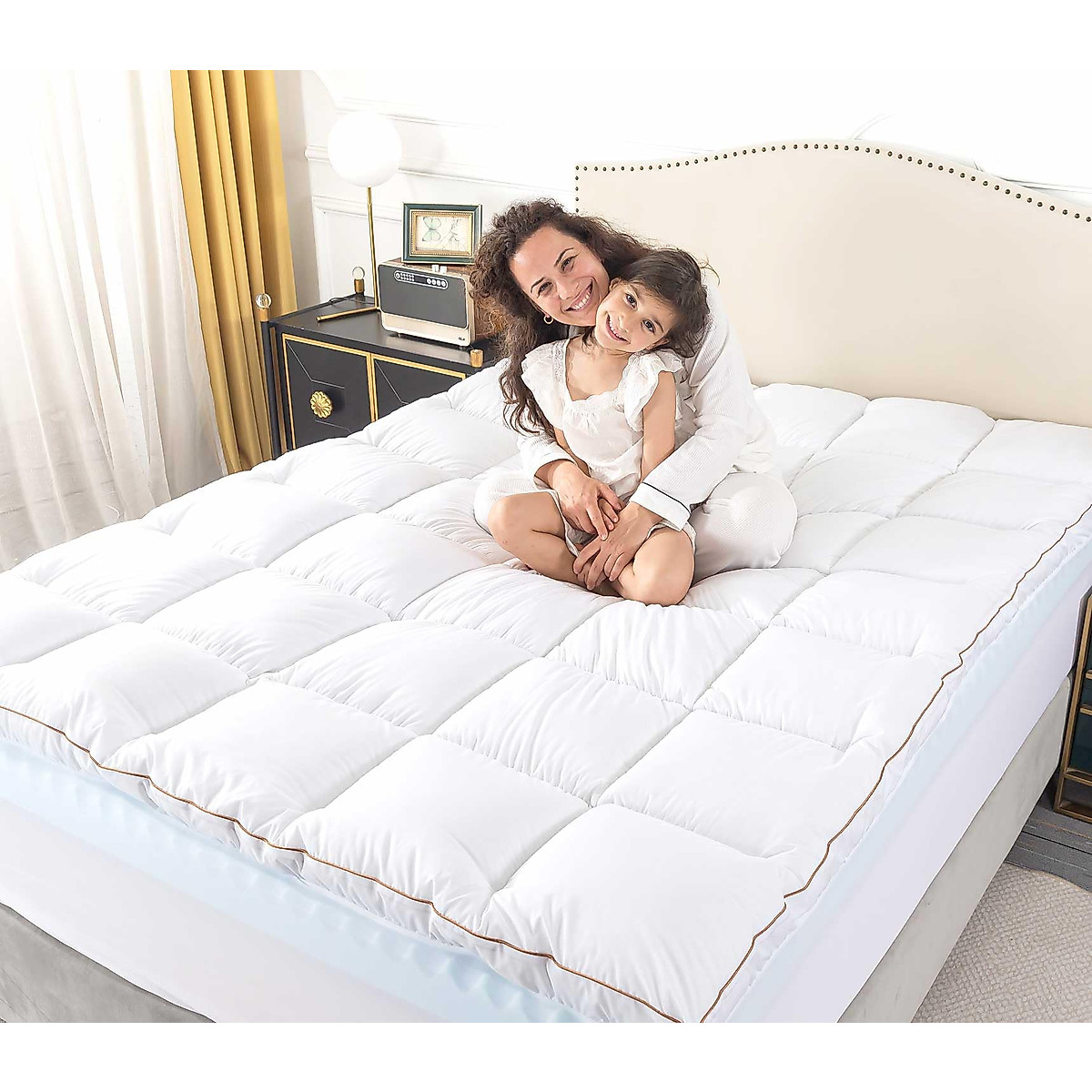 Whatsbedding Dual Layer 4 Inch Memory Foam Mattress Topper King Size, 3 Inch Memory Foam Plus 1 Inch Pillowtop Mattress Pad Filled 7D Down Alternative, Cooling Fiber Cover, Comfort Support