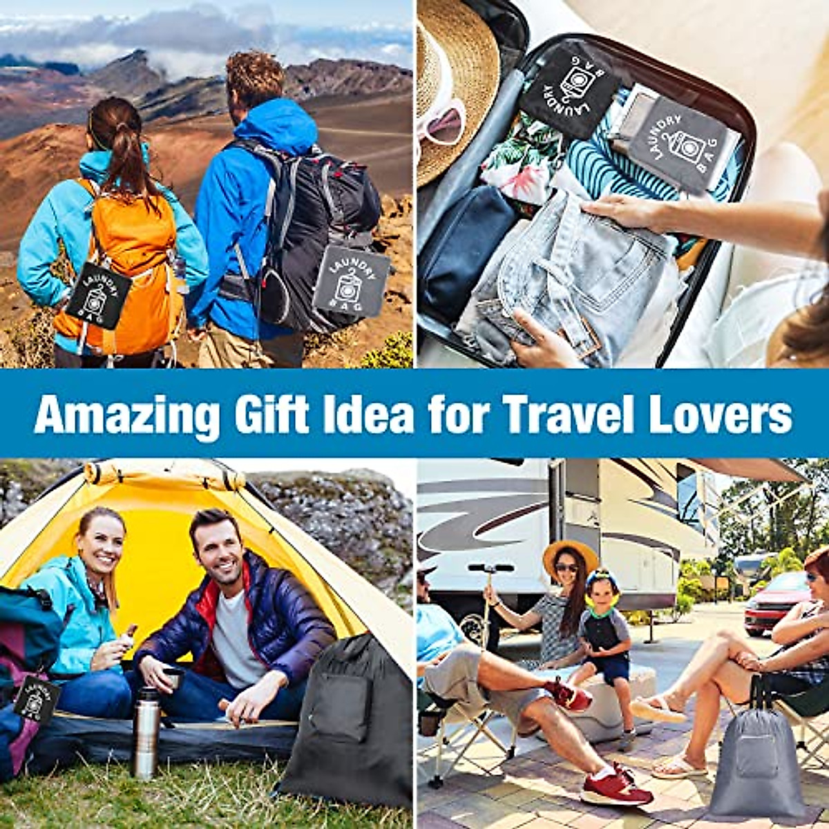 2 Pcs Travel Laundry Bag Dirty Clothes Bag Travel Bags Dirty Laundry Travel Bag Foldable Dirty Clothes Bag for Traveling Women Travel Accessories with Zipper Drawstring for Camp Gym (Gray, Black)