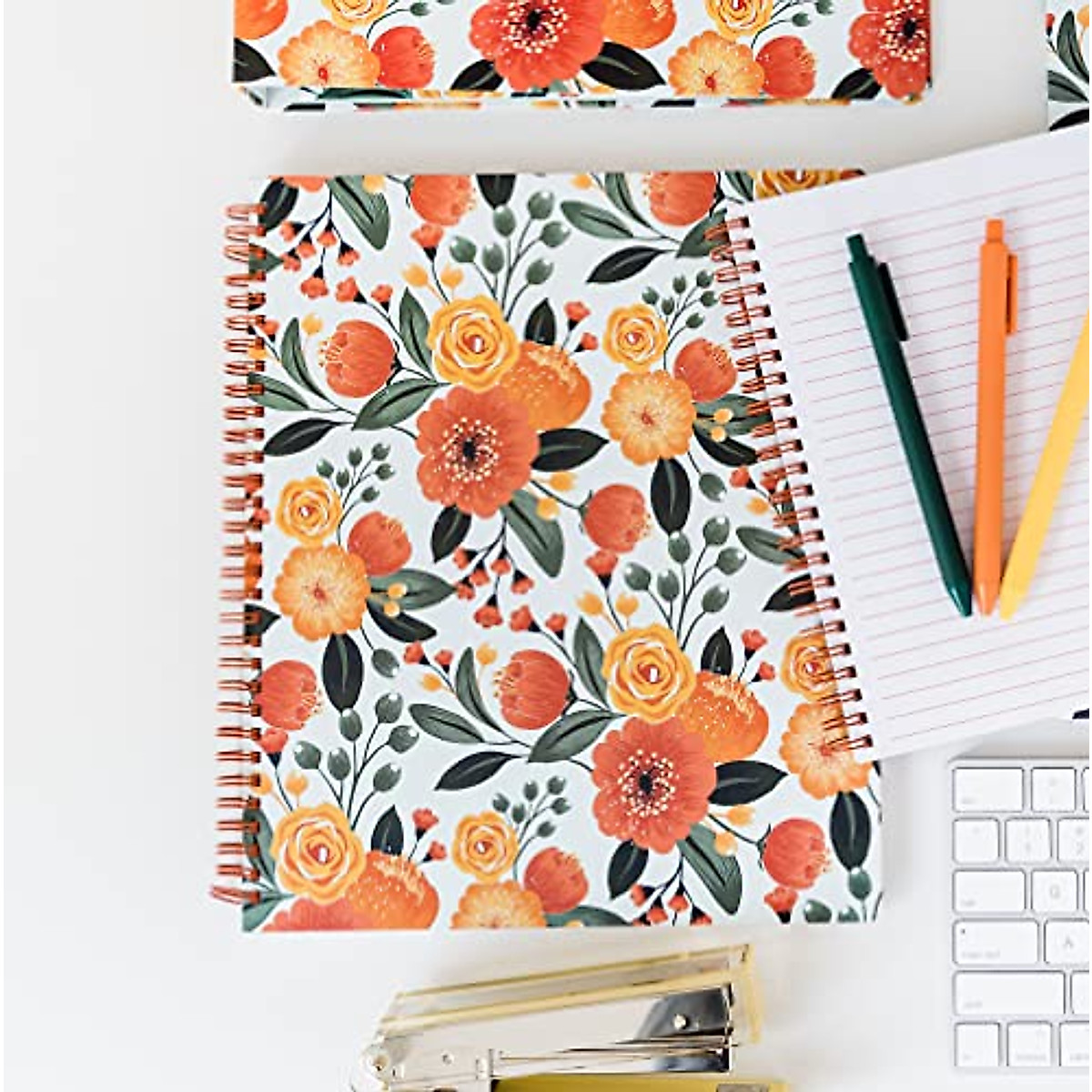 Steel Mill & Co Cute Large Spiral Notebook College Ruled, 11" x 9.5" with Durable Hardcover and 160 Lined Pages, Orange Floral