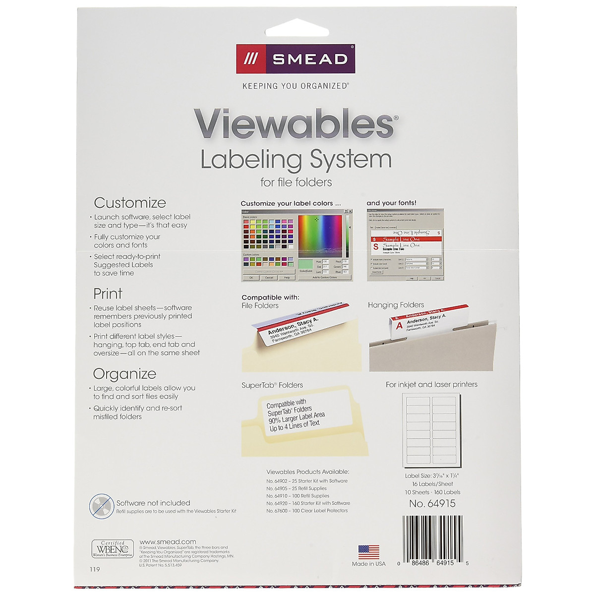 Smead 64915 Viewables Color Labeling System Label Pack Refill 3 1/2 Inch White 160/Pack