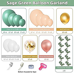 166Pcs Sage Olive Green Blush Peach Balloon Garland Arch Kit Orange White Green Gold Balloons Eucalyptus for Tropical Wedding Jungle Safari Greenery Baby Shower Birthday Party Decorations