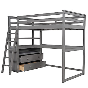 Twin Size Loft Bed with Desk and Drawers, Wood Twin Loft Bed with Storage Shelves, Angled Ladder and Wood Slat Support, High Loft Bed for Kids, Teens, Adults Boys & Girls, Gray