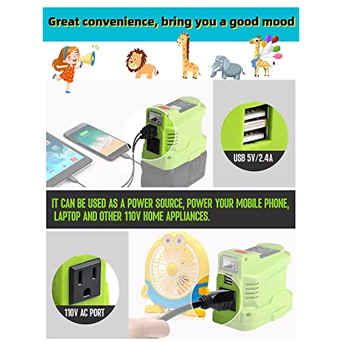 Alian for Ryobi USB Charger Adapter,for Ryobi 150 Watt Powered Inverter,18V DC to AC 110V 120V Converter,Adaptor for Ryobi 18V Battery,Car Inverter as Generator with LED Light,Power Tool Inverter