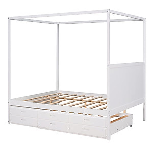 Favfurish Queen Size Canopy Platform Bed with Twin-Size Trundle and Three Storage Drawers,Easy to Assemble,Wood Bed-Frame for Children Teens Adults,Suitable for Bedroom,White