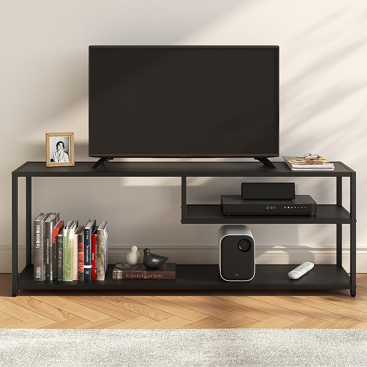 TECHMILLY Modern TV Stand for 55" TV, TV Table with Storage Shelves, Entertainment Center with Metal Frame, TV Console Table for Living Room, Bedroom, Black