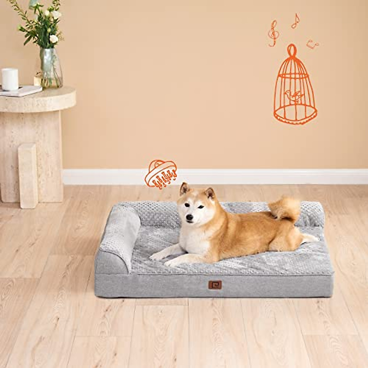EHEYCIGA Memory Foam Orthopedic Dog Bed for Large Dogs, Waterproof Dog beds with Washable Removable Cover, Cozy Plush Dog Sofa Bed, L Shaped Pet Bed with Waterproof Lining and Nonskid Bottom, Grey