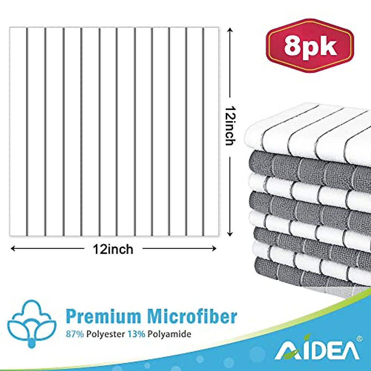 AIDEA Dish Cloth Microfiber-8PK, 12”x12”, Microfiber Cleaning Cloth, Super Soft and Absorbent, Multi-Purpose Microfiber Dish Rags for Kitchen-White/Grey