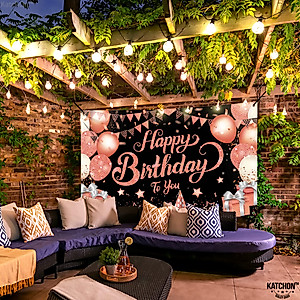KatchOn, XtraLarge Rose Gold Happy Birthday Banner - 72x44 Inch | Black and Rose Gold Birthday Banner for Women | Happy Birthday Sign, Happy Birthday Decorations for Women | Happy Birthday Backdrop