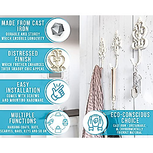 Shabby Chic Decorative Wall Hooks - Set of 3 - Cast Iron French Country Wall Decor - Farmhouse Hangers for Coats, Purses and More - Rustic White