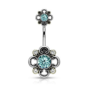 Forbidden Body Jewelry Surgical Steel Aqua CZ Centered Flower Vintage Filigree Belly Button Ring with Matching Top