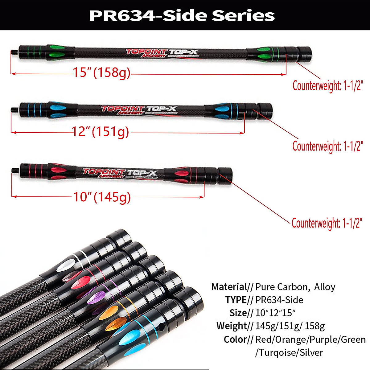 AMEYXGS Archery Balance Bar Balance Rod 10" 12" 15" Balance Side-Bar Carbon Stabilizer System Damping Rods Shock Absorber for Compound Recurve Bow (green, 10inch)