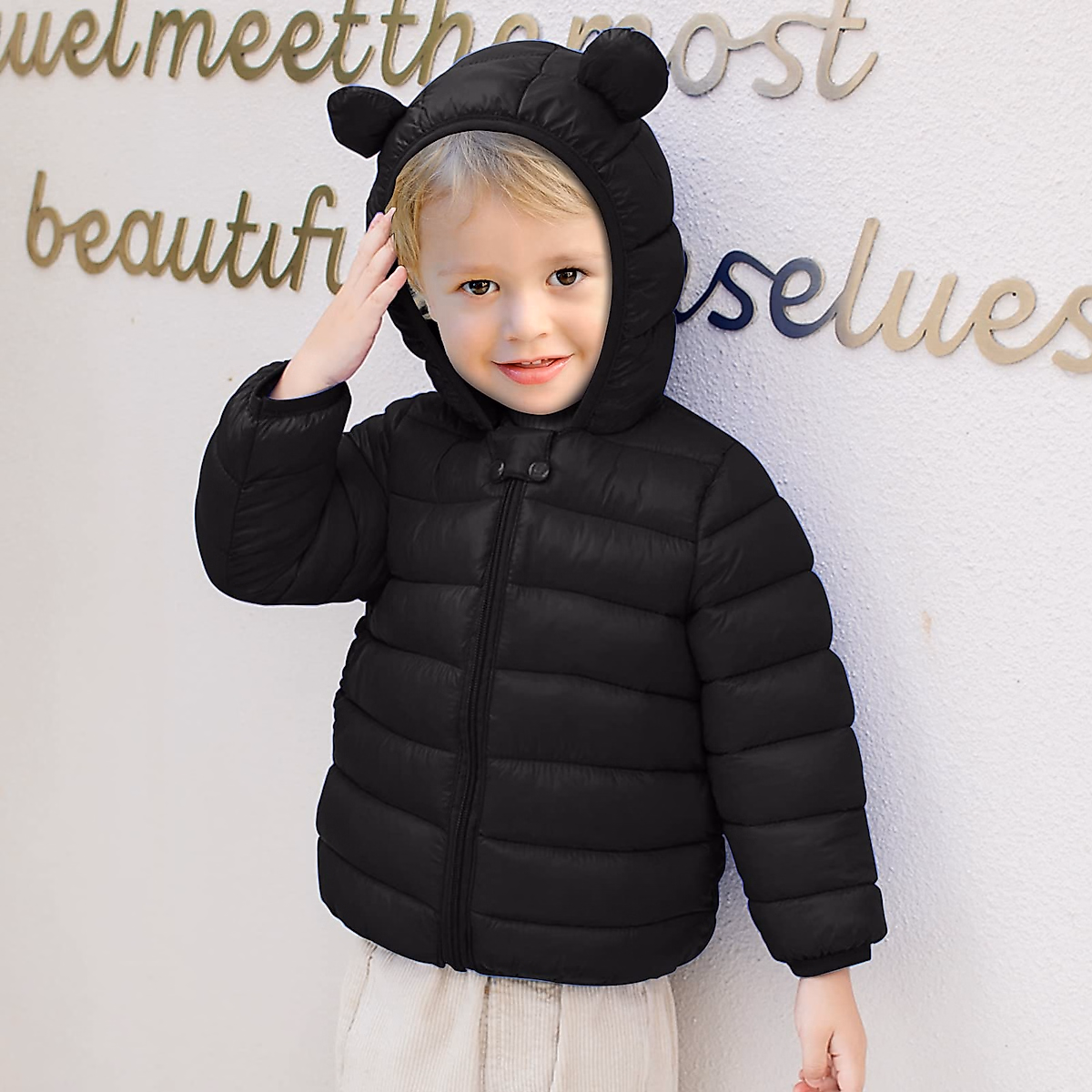 XMWEALTHY Baby Boys Girls Winter Coats Toddler Light Puffer Down Jacket Infant Kids Bear Hoods Padded Outwear Black 6-12 Months