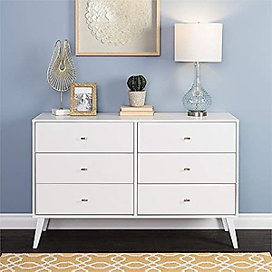 Prepac Milo Mid-Century 6 Drawer Double Dresser for Bedroom, 16" D x 52.50" W x 33" H, White & Milo Mid-Century Modern 2 Drawer Nightstand with Open Shelf, 16" D x 22.5" W x 29.5" H, White