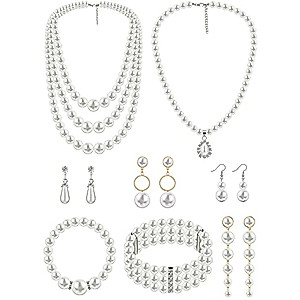 8 Pcs Pearl Necklace Earrings Set for Women, Includes Simulated Pearl Bracelet Faux Pearl Necklace Dangle Earrings (Bright Style)