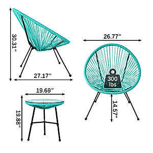 Arlopu 3-Piece Outdoor Acapulco Chairs Patio Conversation Bistro Set, with Plastic Rope, Glass Tabletop, All-Weather Rattan Woven Rope Mid-Century Modern Style Furniture Chat Set (Green)