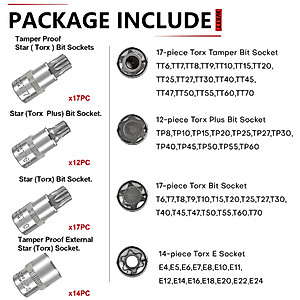 WETT Master Torx Bit Socket and External Torx Socket Set, 60-Piece 1/4", 3/8", 1/2" Drive E-Torx Sockets (E4-E24, T6-T70, TT6-TT70, TP8-TP60), S2 and CR-V Steel