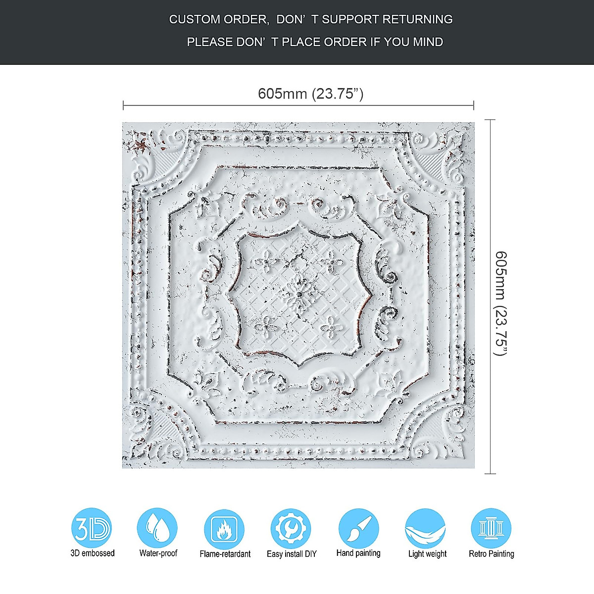 PAINTSDECOR Faux Tin Painting Panel Embellished Ceiling Tiles for Cafe Club Salon Hotel Store Bar 2'x2' PL04 Distress Crack White Black