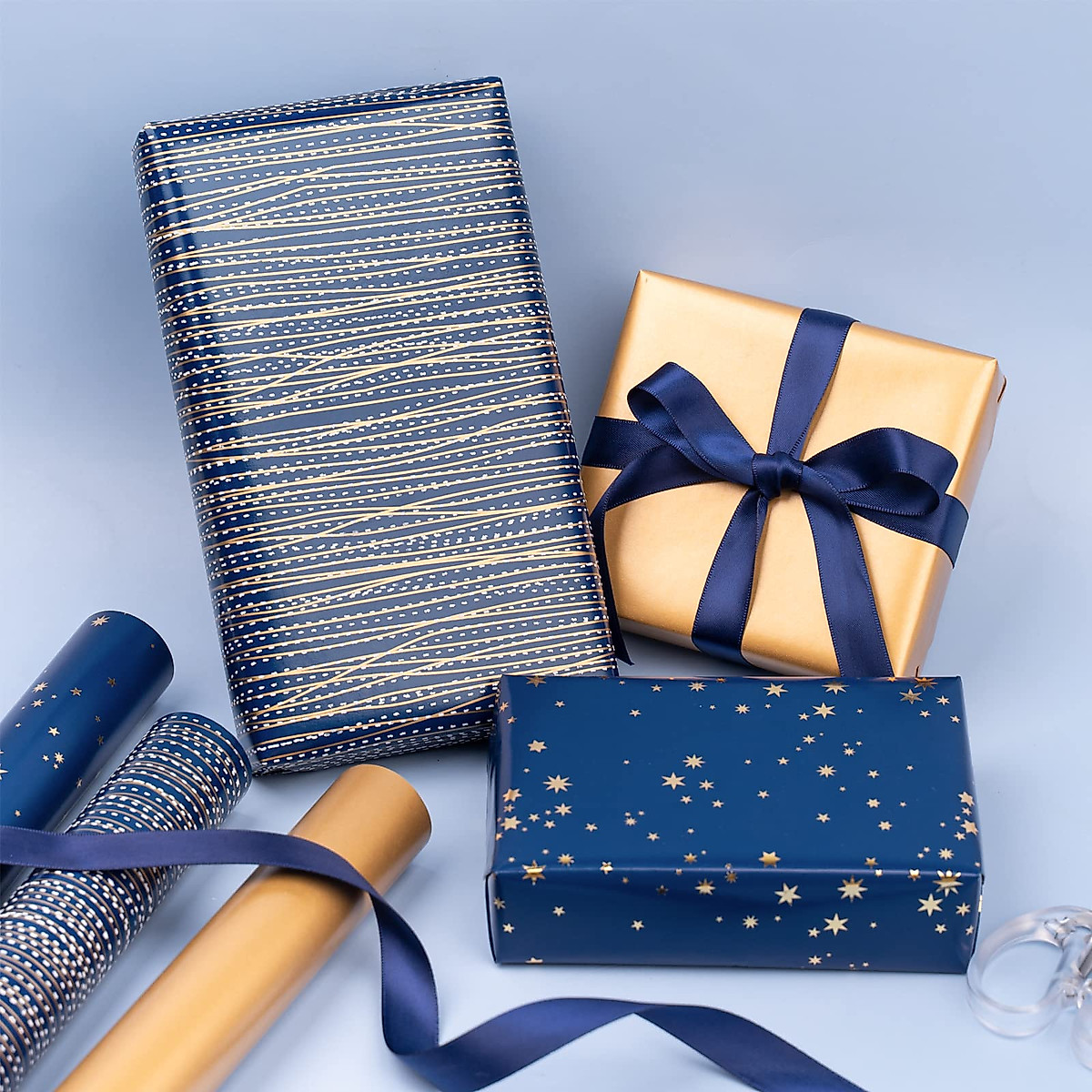 WRAPAHOLIC Wrapping Paper Roll - Mini Roll - 3 Rolls - 17 Inch X 120 Inch Per Roll - Navy and Gold Star/Stripe/Gold Pearlized Print for Birthday, Father's Day, Holiday, Party