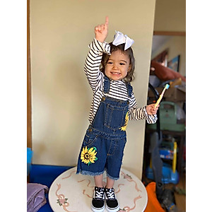 HINTINA Baby & Toddler Girls Big Bibs Overalls Ripped Hole Summer Sunflowers Jumpsuit Boyfriend Jeans Denim Romper Shortalls 2-3T