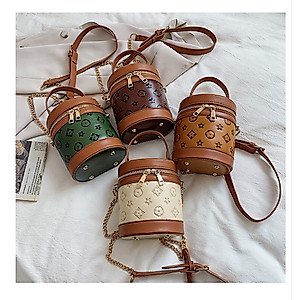 Women Fashion Print Chain Shoulder Bag Cylindrical Bucket Bag Coin Purse