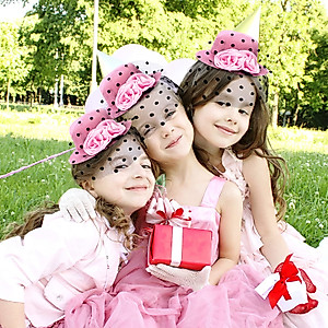 Chunyin Girls Tea Party Hats Mini Hat Hair Clip Fascinator Veil Mesh Hat and Gloves Sets Tea Party Accessories for Girls Kids Children 5.3'' Diam