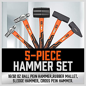 HORUSDY 5-Piece Hammer Set, 16oz Ball Pein Hammer | 32oz Ball Pein Hammer | 32oz Rubber Mallet | 3lb Sledge Hammer | 3lbCross Peen Hammer