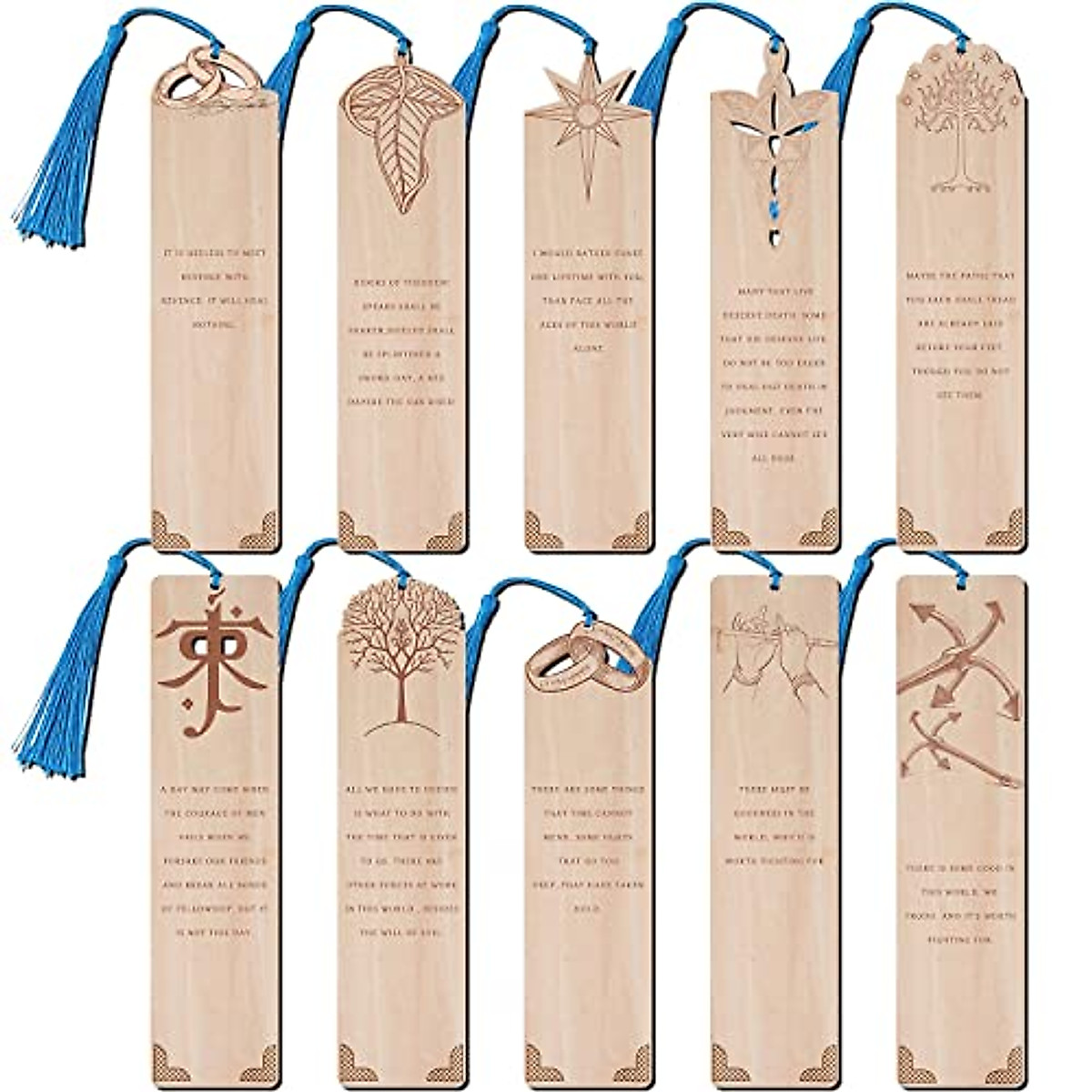 10 Pieces Bookmark Wooden Bookmark Craft, Lord of Rings Themed Hobbits Bookmarks Set with Silk Tassel, Handmade Wooden Carving Book Mark for Women Men Teens